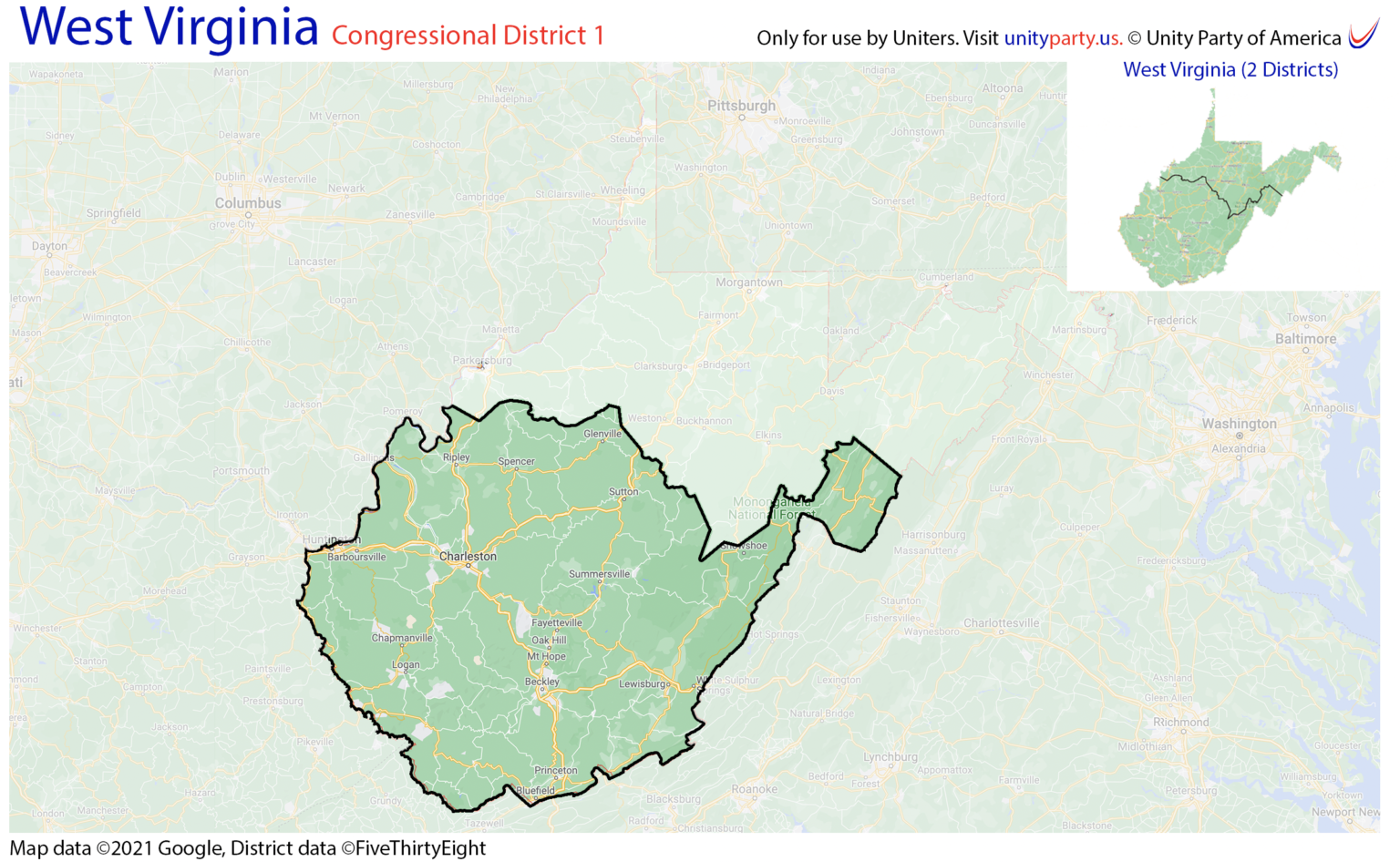 State of West Virginia US Congressional District Maps - Unity Party